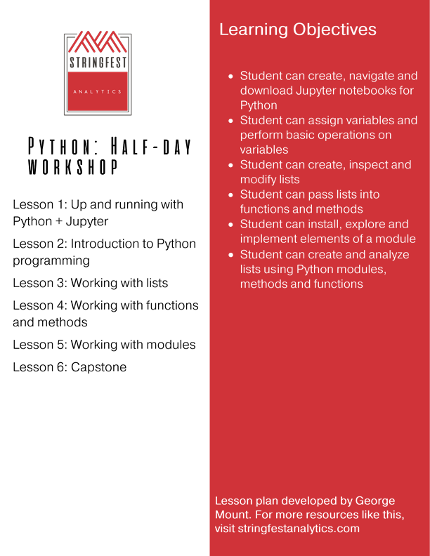 Learning guide: Introduction to Python, half-day workshop - Stringfest Analytics